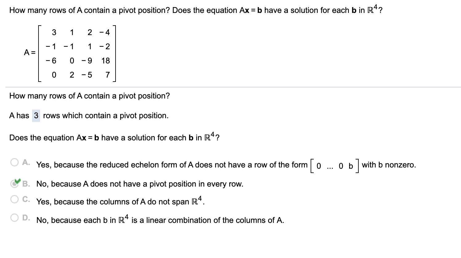 Solved How many rows of A contain a pivot position? Does the | Chegg.com
