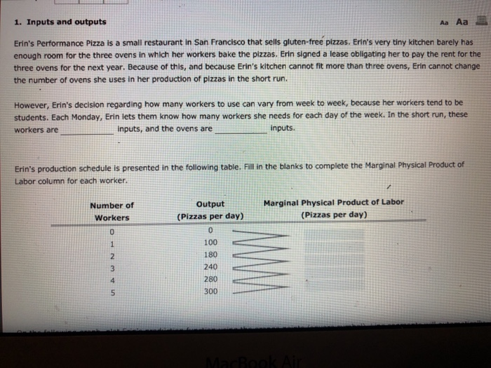 Solved 1. Inputs and outputs Aa Aa Erin's Performance Pizza | Chegg.com