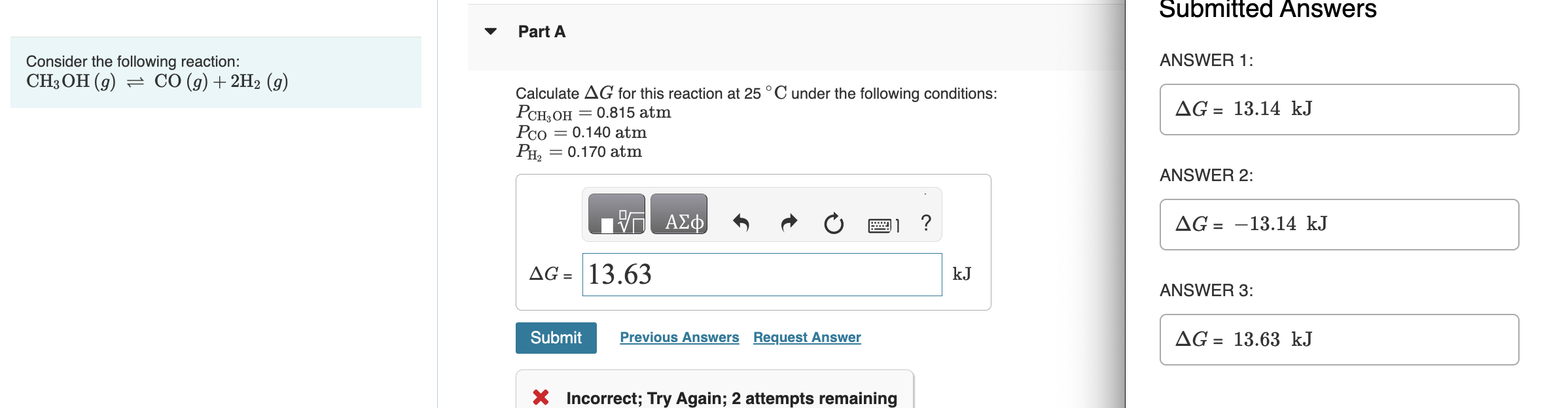 Solved Submitted Answers Part A Consider the following | Chegg.com