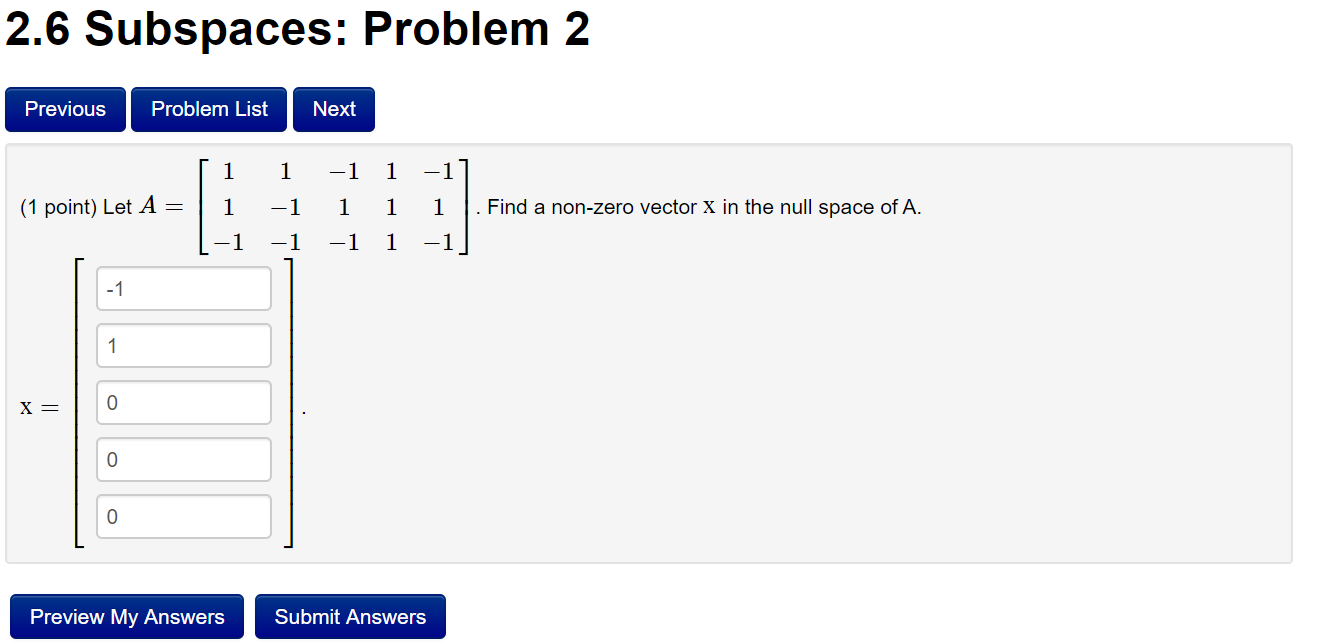 Solved 2.6 Subspaces: Problem 2 Previous Problem List Next | Chegg.com
