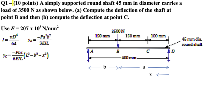 Solved Q1 - (10 points) A simply supported round shaft 45 mm | Chegg.com