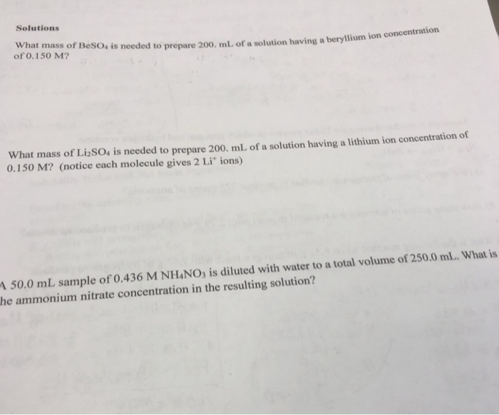 Solved Solutions What mass of BeSO4 is of 0.150 M? so s | Chegg.com