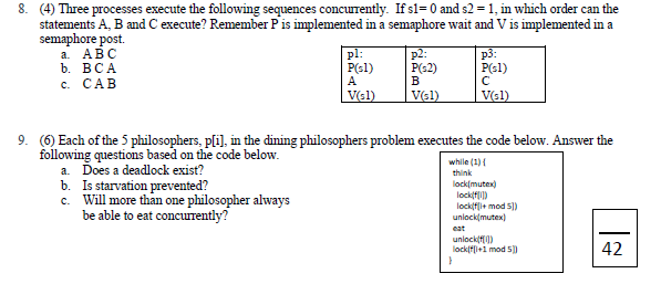 Solved 8. (4) Three processes execute the following | Chegg.com
