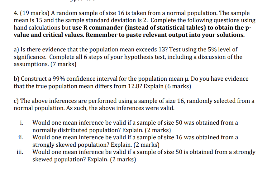 Solved 4. (19 marks) A random sample of size 16 is taken | Chegg.com