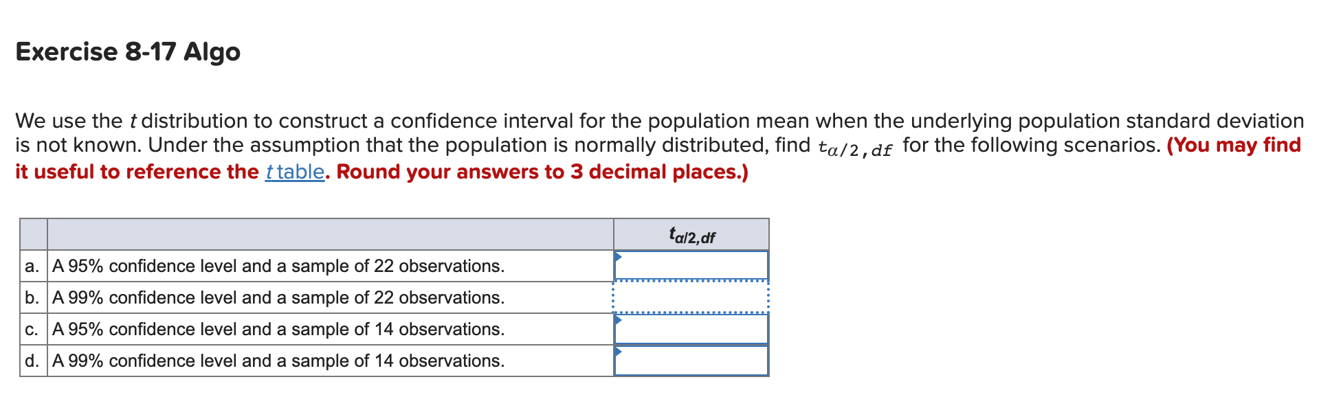 Solved Exercise 8-17 ﻿AlgoWe use the t ﻿distribution to | Chegg.com