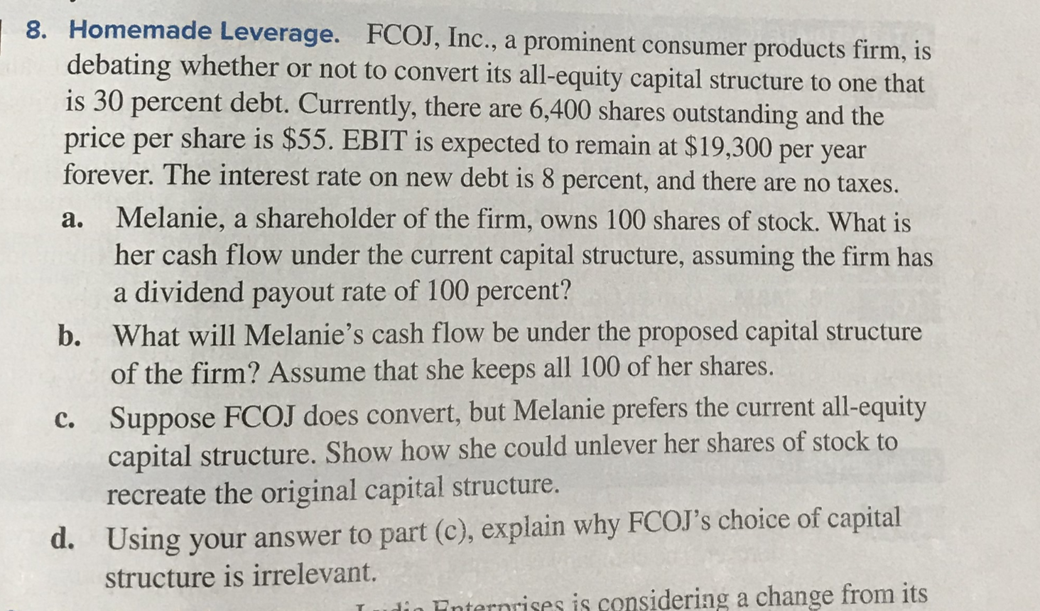 Solved 8. Homemade Leverage. FCOJ, Inc., a prominent | Chegg.com