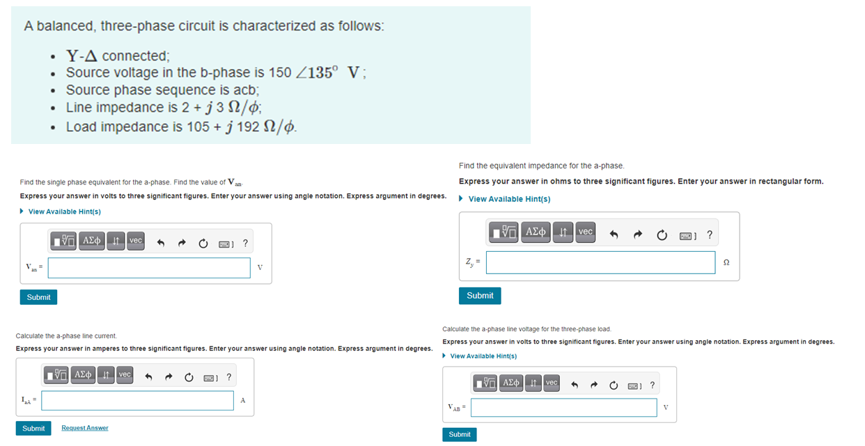 Solved A balanced, three-phase circuit is characterized as | Chegg.com