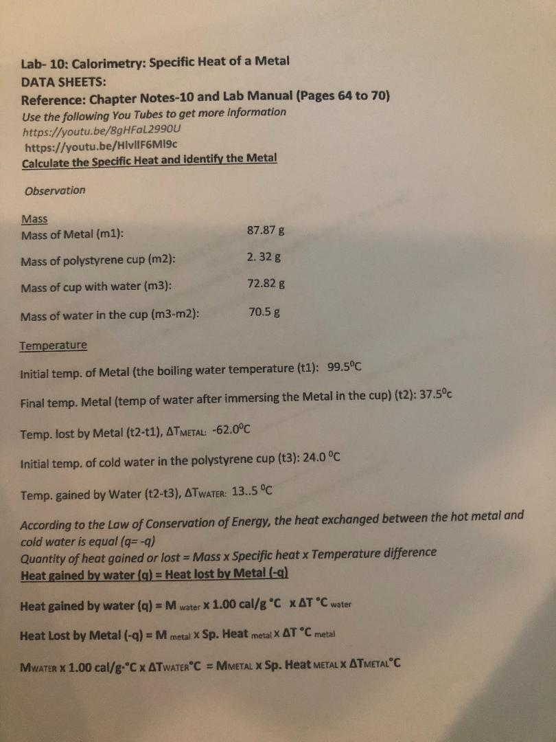 Solved Lab-10: Calorimetry: Specific Heat of a Metal DATA | Chegg.com