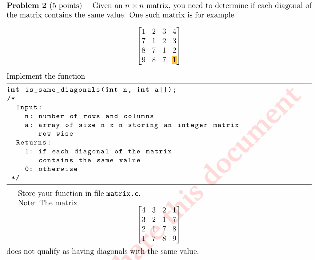 Solved Problem 2 (5 points) Given an n x n matrix, you need | Chegg.com