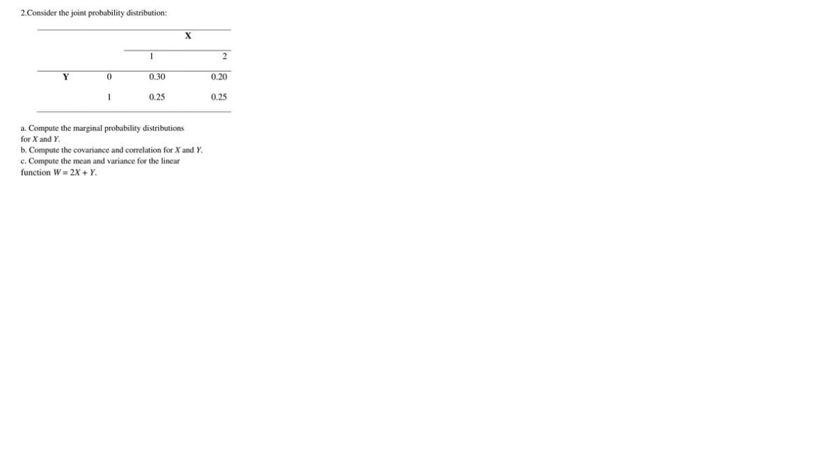 Solved 2.Consider the joint probability distribution: X 1 2 | Chegg.com
