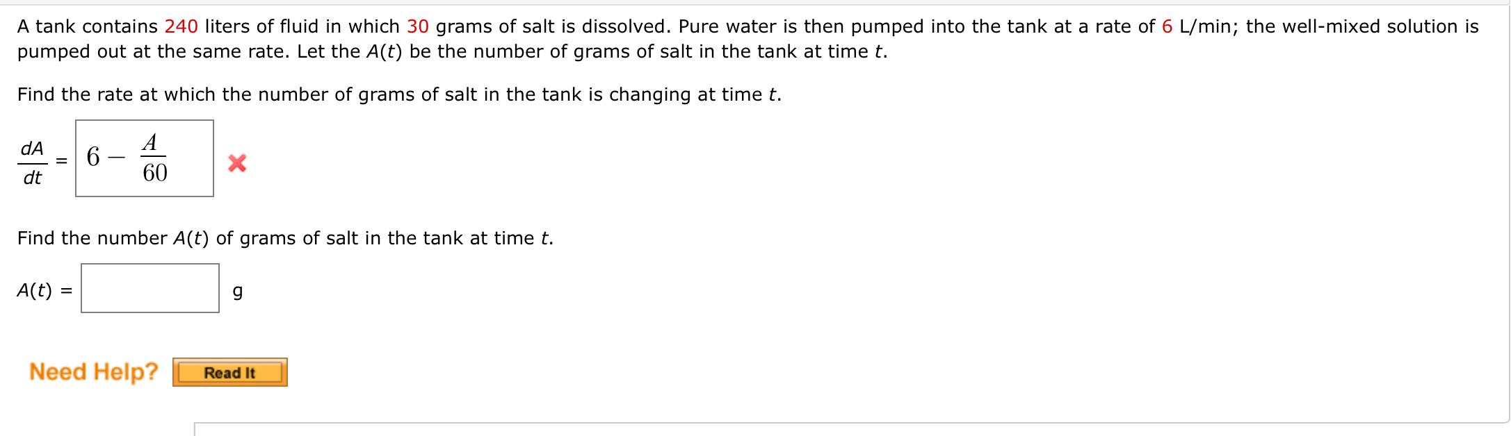 Solved A tank contains 240 liters of fluid in which 30 grams | Chegg.com