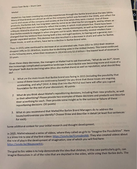 Ethics Case Study - Short Case Mattel Mattel Inc. has | Chegg.com