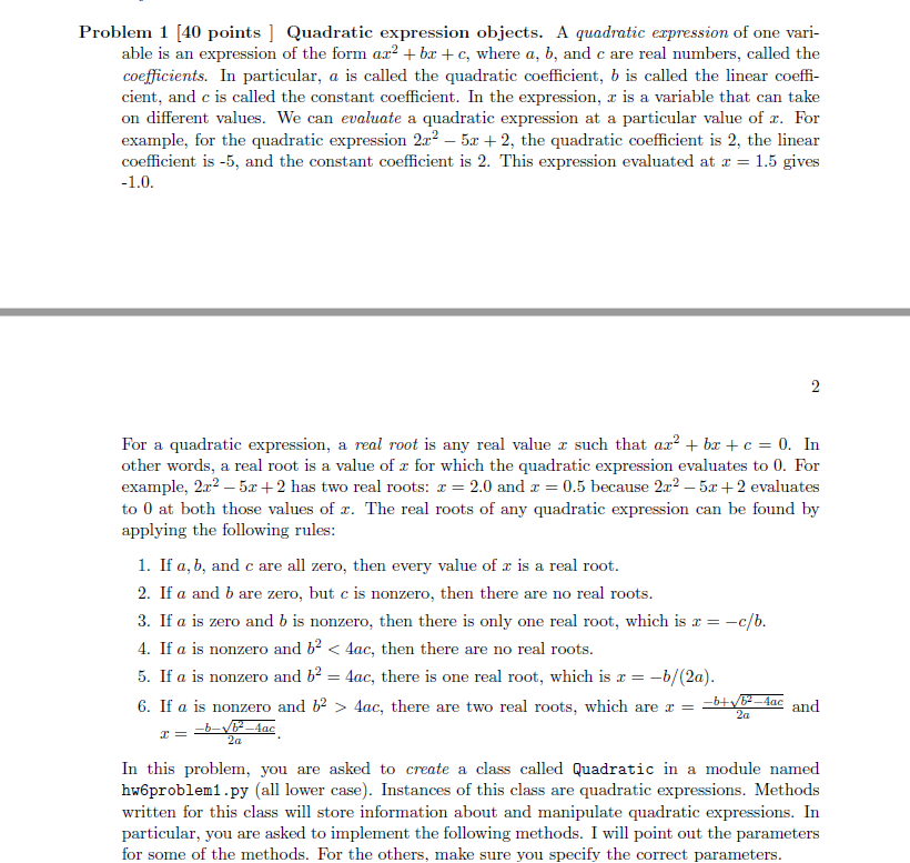 Solved Problem 1 [40 points ] Quadratic expression objects. | Chegg.com