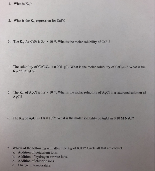 Solved 1. What is Ksp? 2. What is the Ksp expression for | Chegg.com