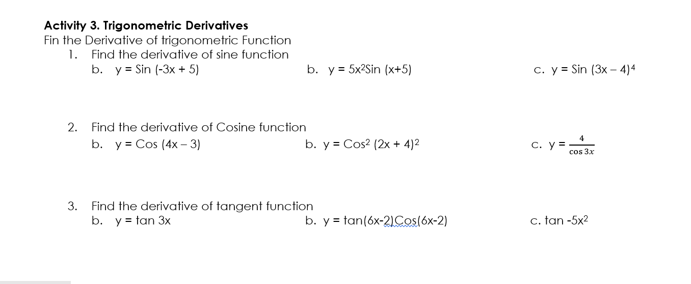 Solved Activity 3. Trigonometric Derivatives Fin the | Chegg.com