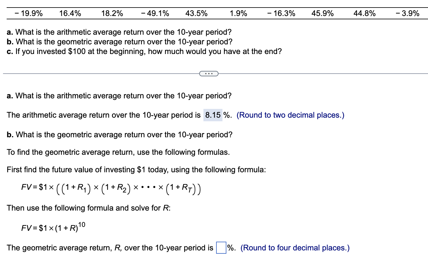 Solved a. What is the arithmetic average return over the 10 | Chegg.com