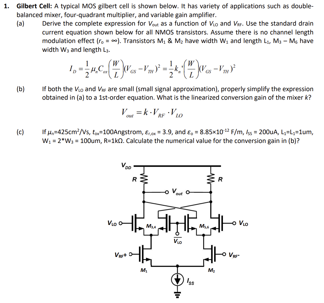 Solved 1. Gilbert Cell: A typical MOS gilbert cell is shown | Chegg.com