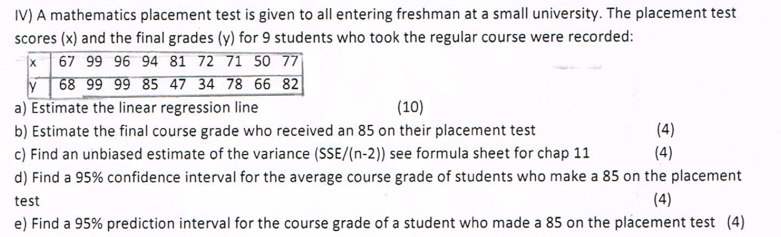 Solved IV) A mathematics placement test is given to all | Chegg.com