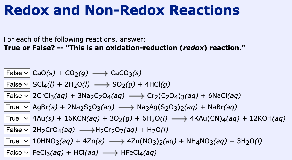 Solved Redox and Non-Redox Reactions For each of the | Chegg.com