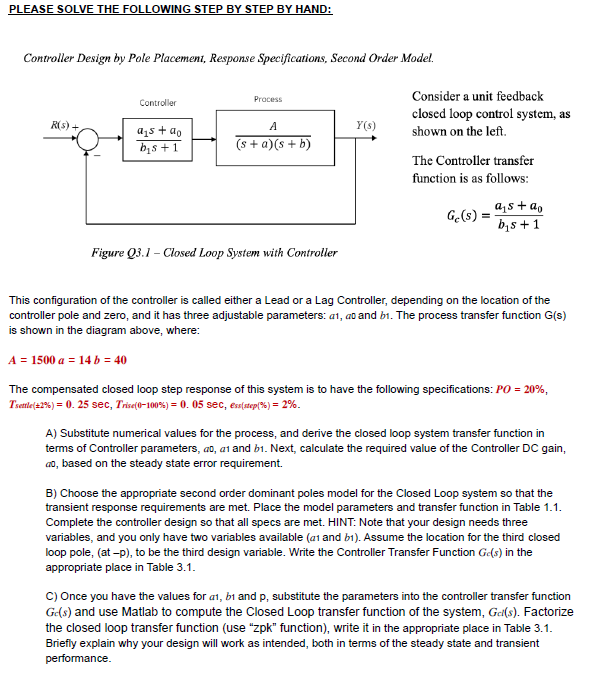 Controller Design by Pole Placement, Response | Chegg.com