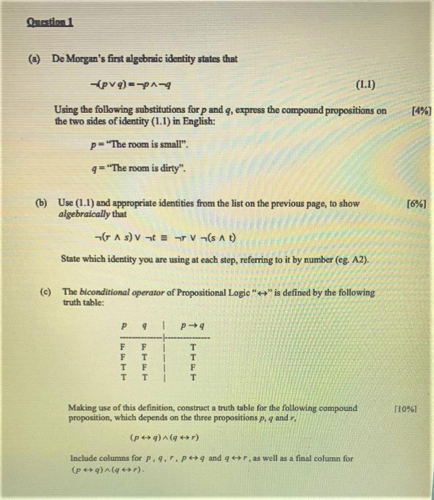 Solved Question 1 @ De Morgan's first algebraic identity | Chegg.com