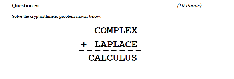 Solved (10 Points) Question 5: Solve the cryptarithmetic | Chegg.com