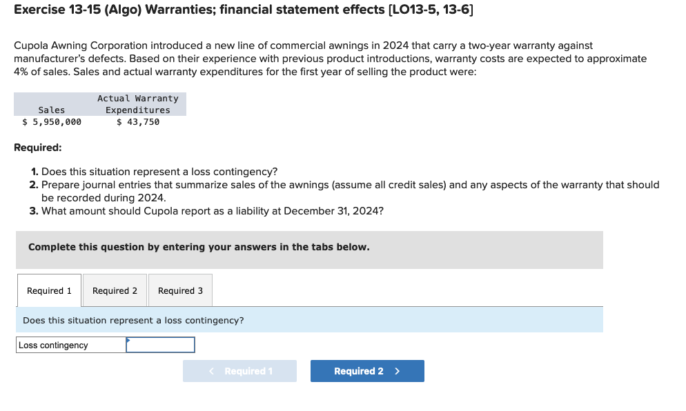 Solved Exercise 13-15 (Algo) ﻿Warranties; financial | Chegg.com