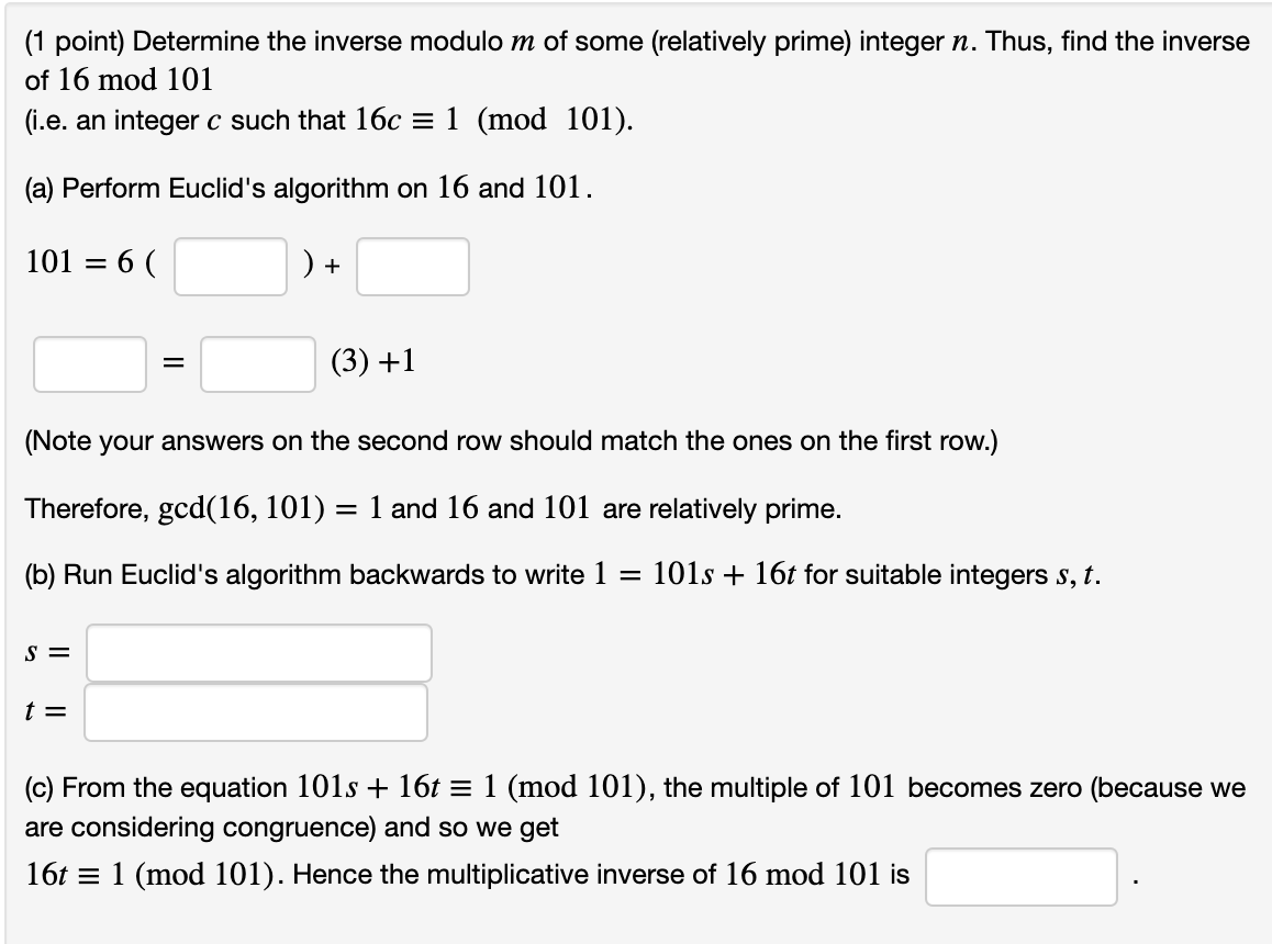 Solved (1 point) Determine the inverse modulo m of some | Chegg.com