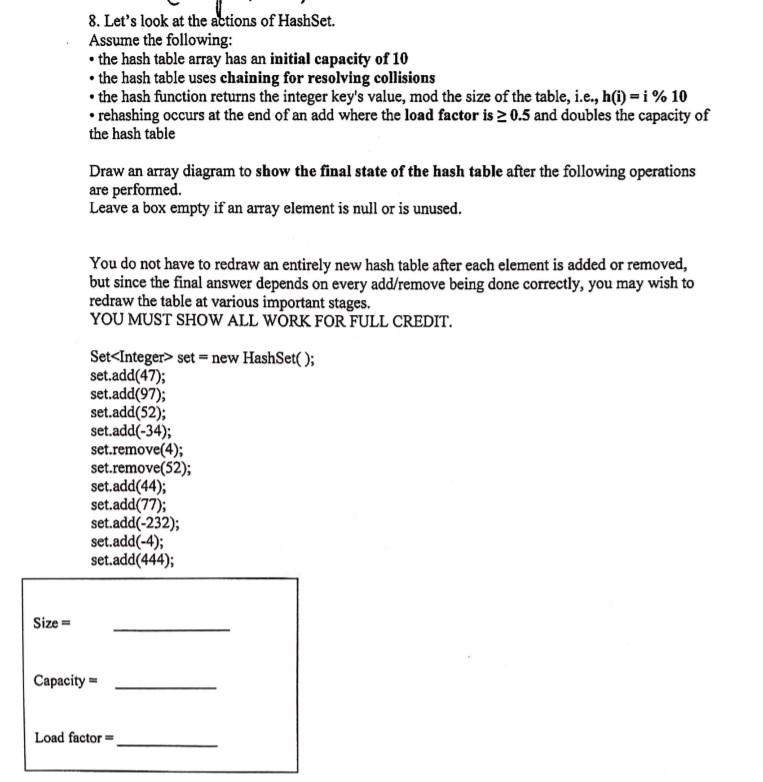 Solved 8. Let's look at the actions of HashSet. Assume the | Chegg.com
