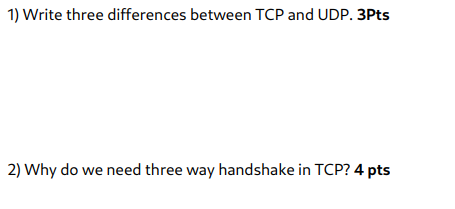Solved 1) Write three differences between TCP and UDP. 3Pts | Chegg.com
