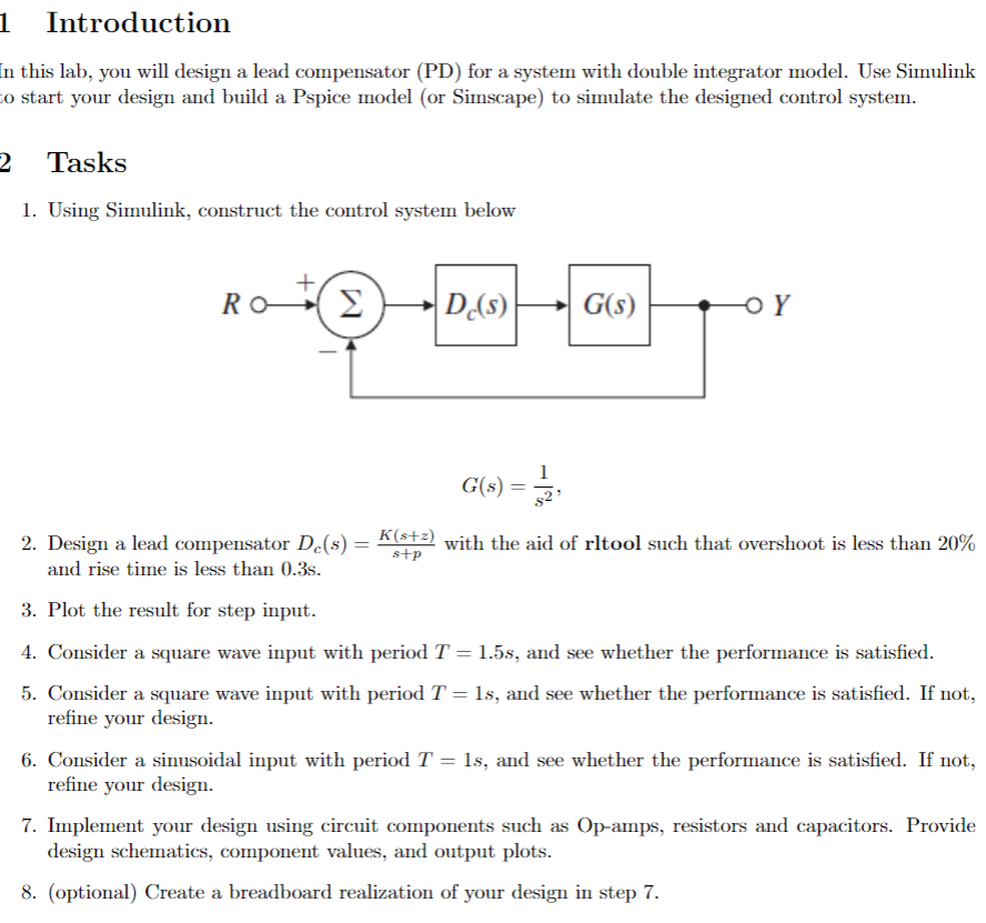 In this lab, you will design a lead compensator (PD) | Chegg.com