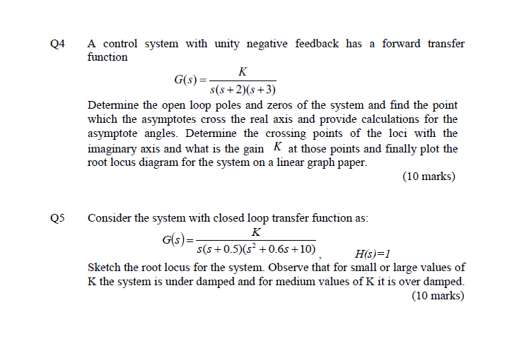 Solved Q4 G(s) A control system with unity negative feedback | Chegg.com
