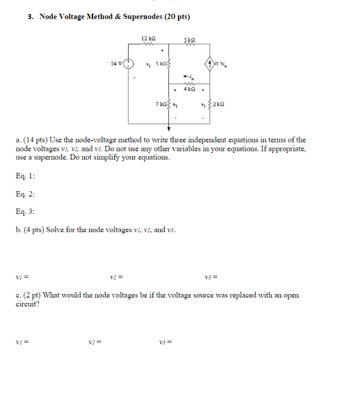 Solved 3. Node Voltage Method & Supernodes (20 pts) 12 kg 24 | Chegg.com