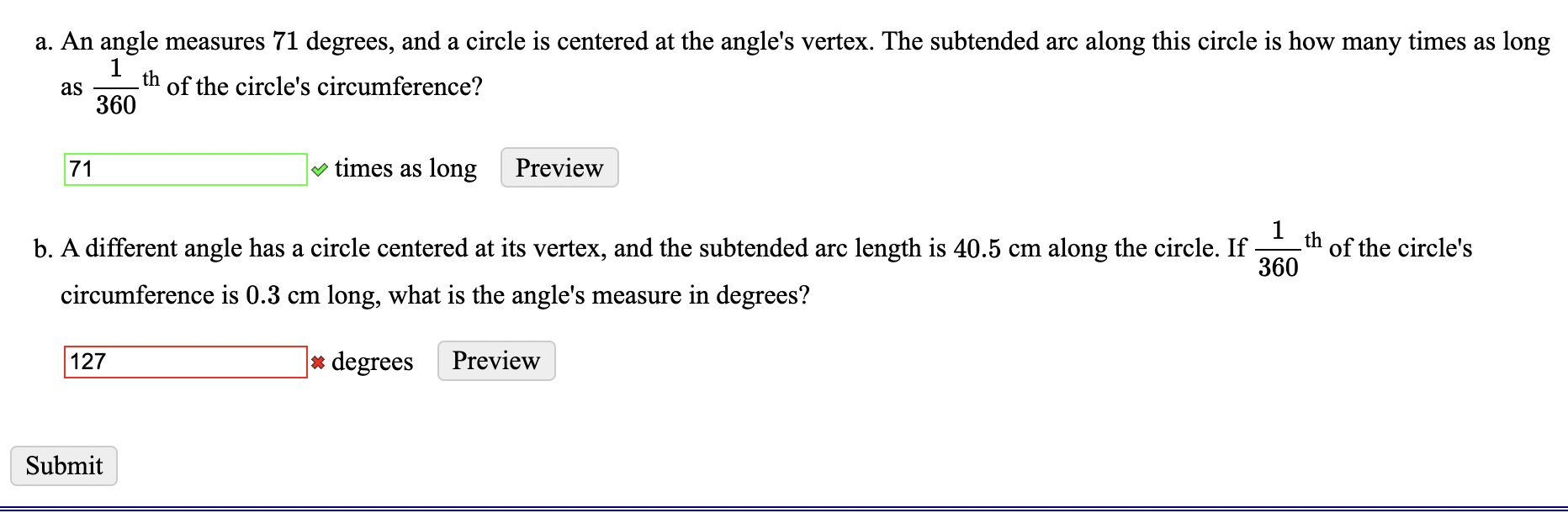 Solved a. An angle measures 71 degrees, and a circle is | Chegg.com