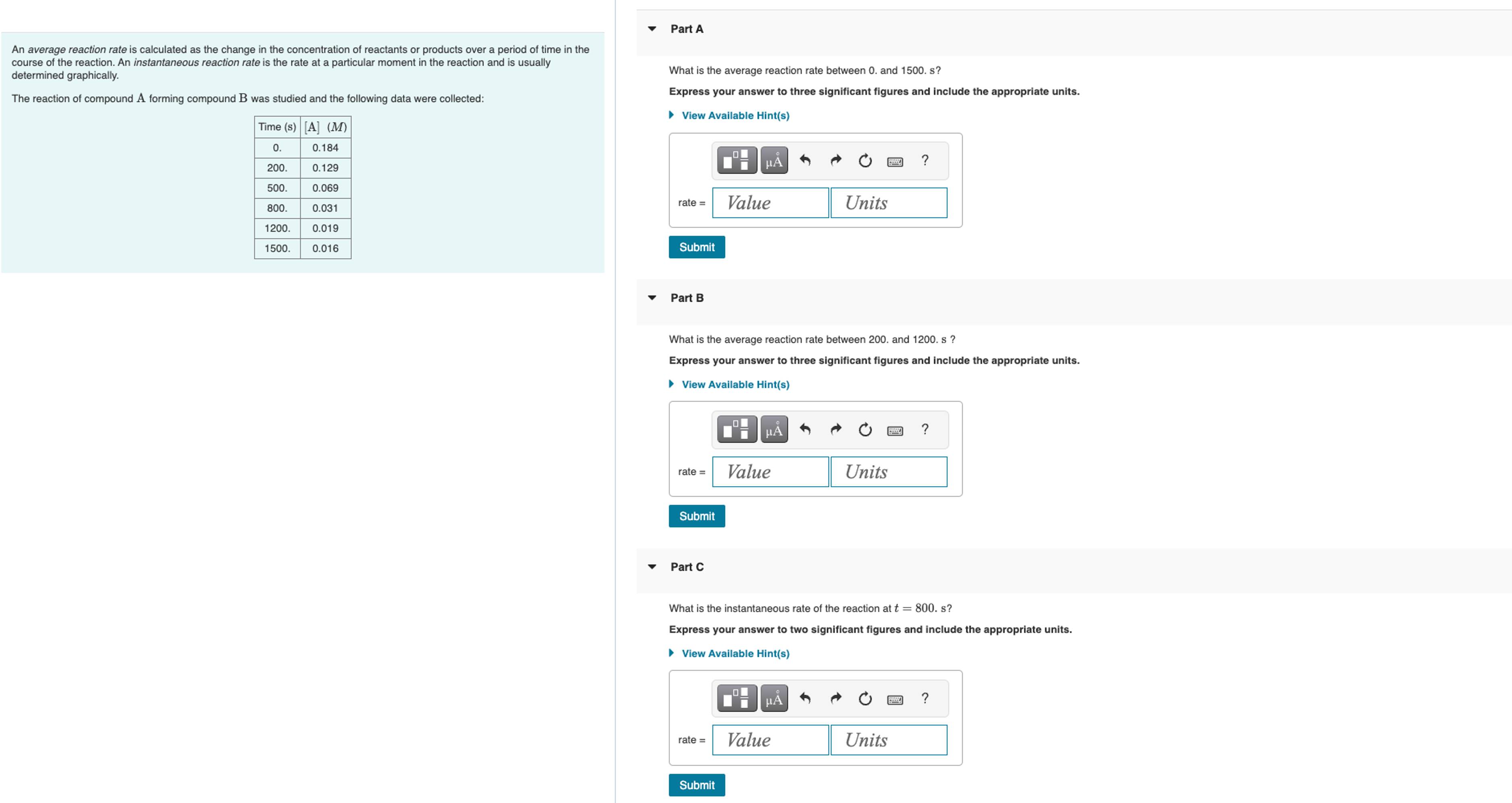 Solved An average reaction rate is calculated as the change | Chegg.com