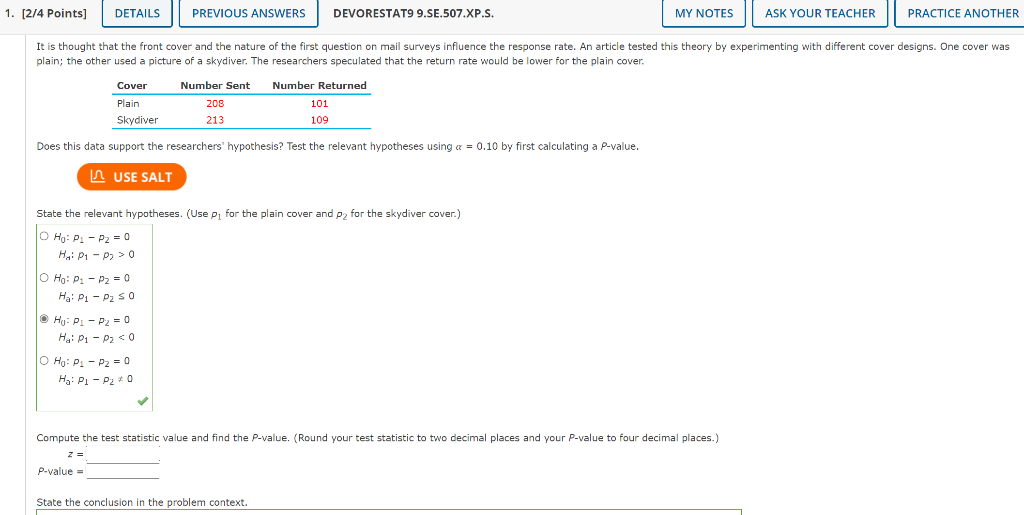 Solved 1. [2/4 Points] DETAILS PREVIOUS ANSWERS DEVORESTAT9 | Chegg.com