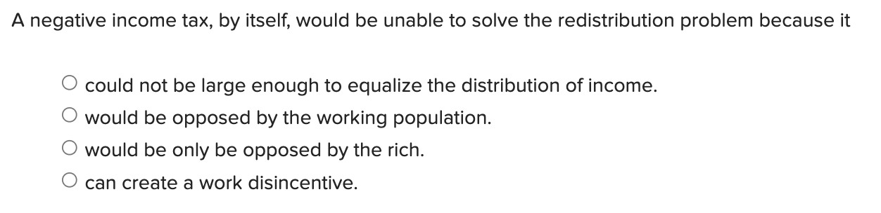 Solved A negative income tax, by itself, would be unable to | Chegg.com