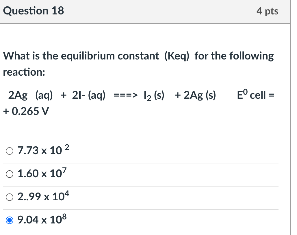 Solved Question 18 4 pts What is the equilibrium constant | Chegg.com