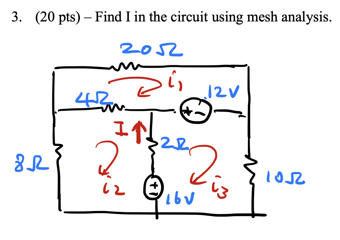 Solved 3. (20 pts )− Find I in the circuit using mesh | Chegg.com Solved 3. (20 pts )− Find I in the circuit using mesh | Chegg.com