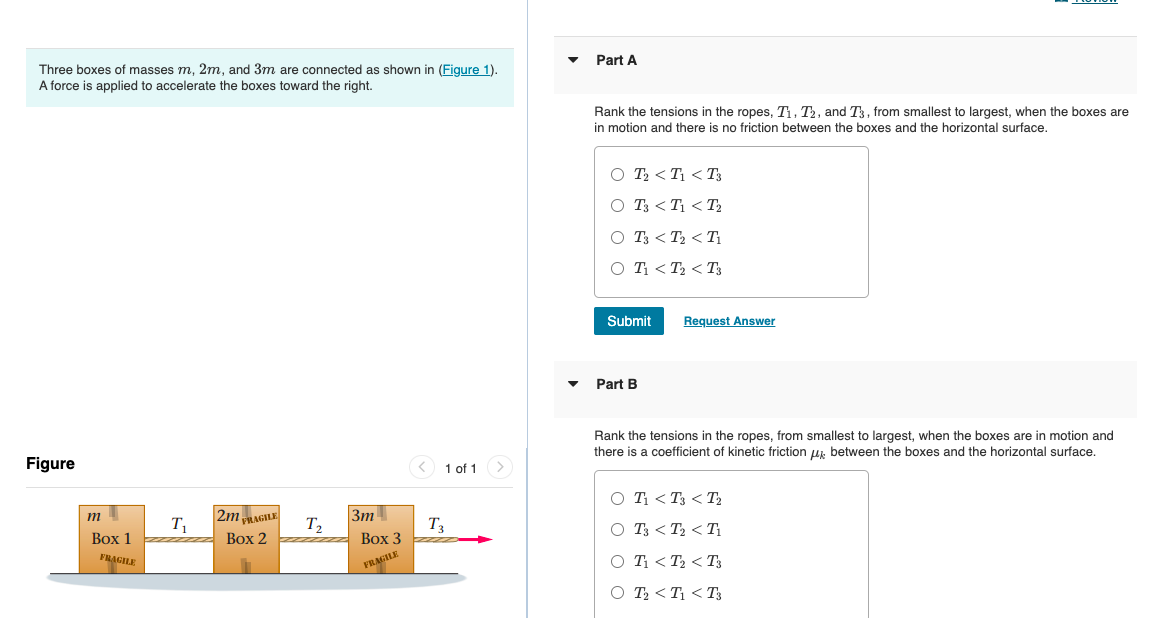 Solved Part A Three boxes of masses m, 2m, and 3m are | Chegg.com
