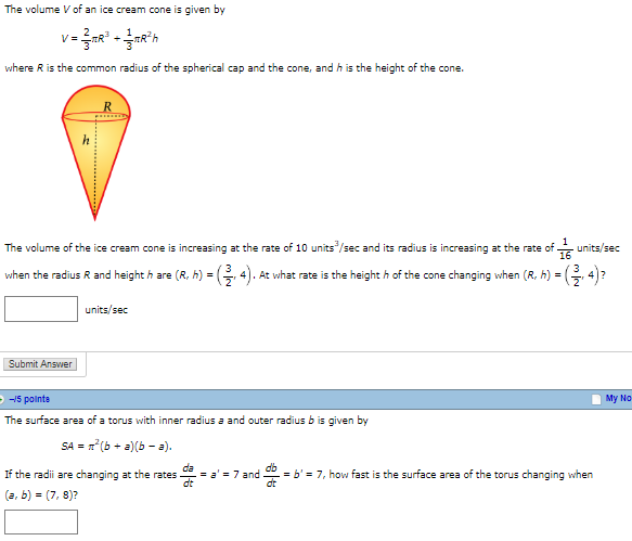 Solved The volume V of an ice cream cone is given by v=BER | Chegg.com
