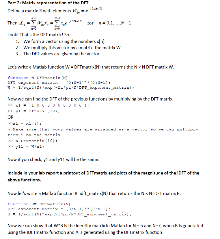 Solved = Part 2: Matrix representation of the DFT Define a | Chegg.com