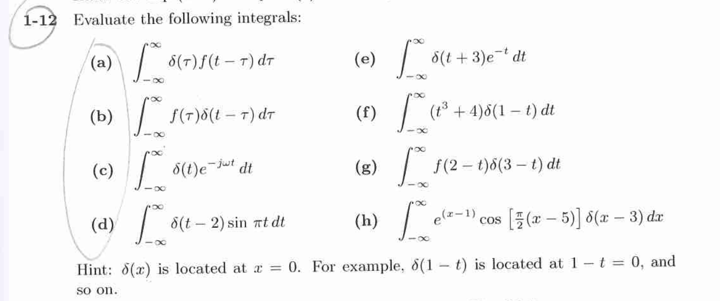 Solved 1-12 Evaluate the following integrals: 8(T)f(t – T) | Chegg.com