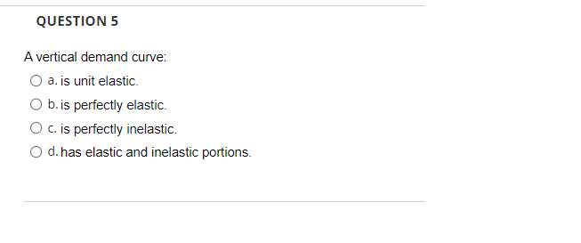 Solved A vertical demand curve: a. is unit elastic. b. is | Chegg.com
