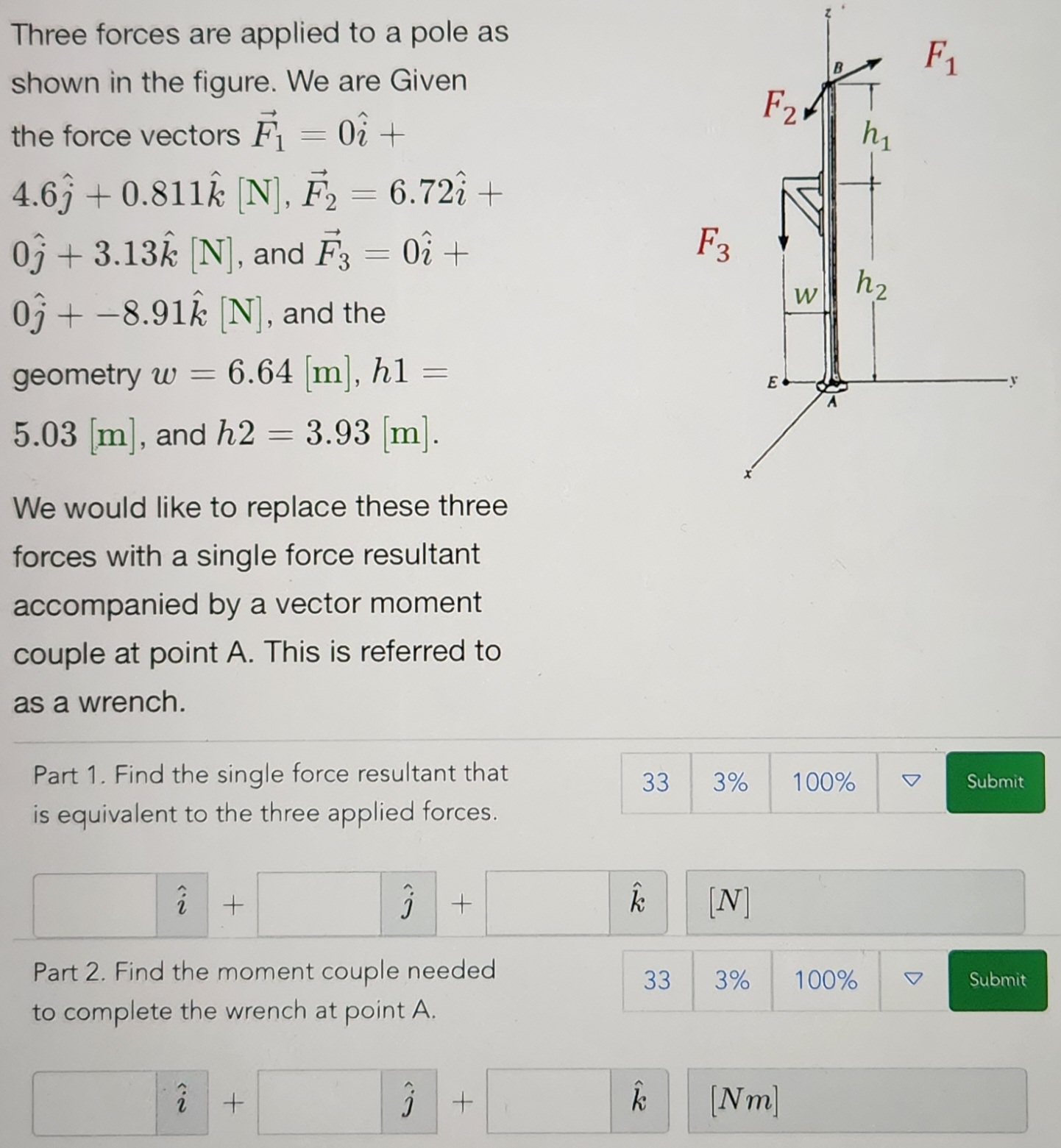 Solved Three forces are applied to a pole as shown in the | Chegg.com