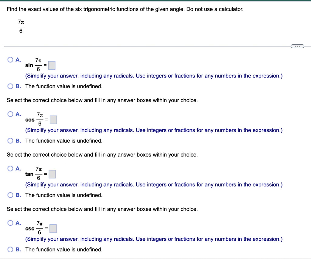 Solved Find the exact values of the six trigonometric | Chegg.com