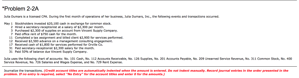 Solved Problem 2-2A Julia Dumars is a licensed CPA. During | Chegg.com