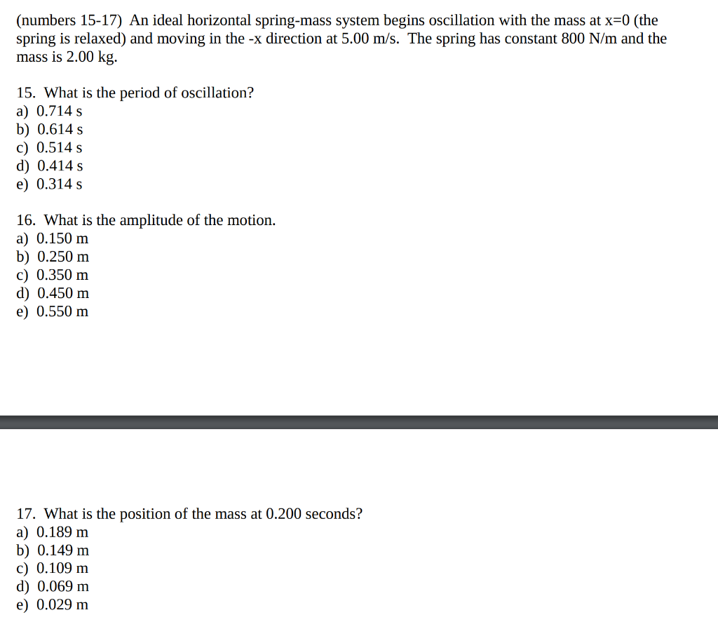 Solved (numbers 15-17) An ideal horizontal spring-mass | Chegg.com