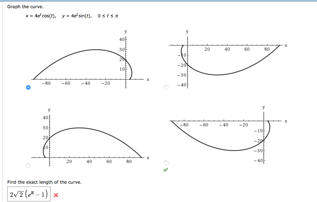 Solved Graph the curve x=4e' cos(t), y = 4e'sin(t), 0 t π 40 | Chegg.com