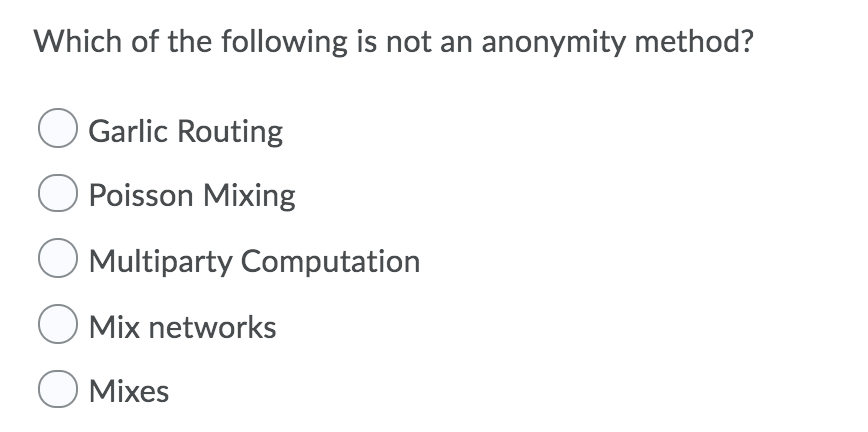 Solved Which of the following is not an anonymity method? | Chegg.com